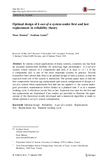 Pdf Optimal Design Of K Out Of N System Under First And Last Replacement In Reliability Theory