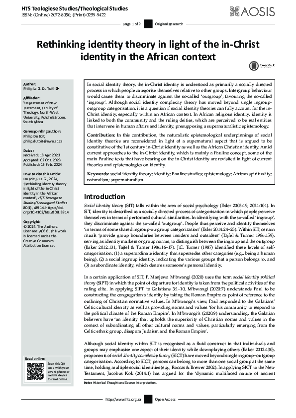 (PDF) Rethinking identity theory in light of the in-Christ identity in ...