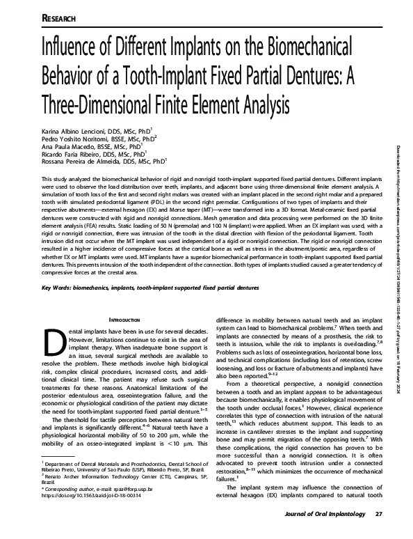 (PDF) Influence of Different Implants on the Biomechanical Behavior of a Tooth-Implant Fixed ...