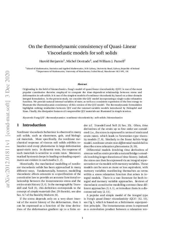 (PDF) On the thermodynamic consistency of Quasi-linear viscoelastic models for soft solids
