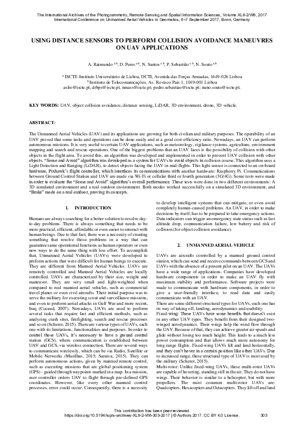 (PDF) Using Distance Sensors to Perform Collision Avoidance Maneuvres on Uav Applications