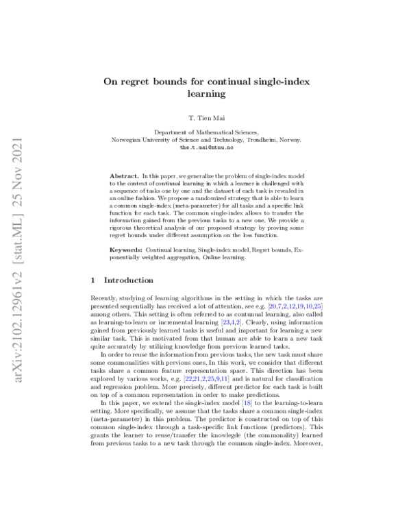 (PDF) On regret bounds for continual single-index learning