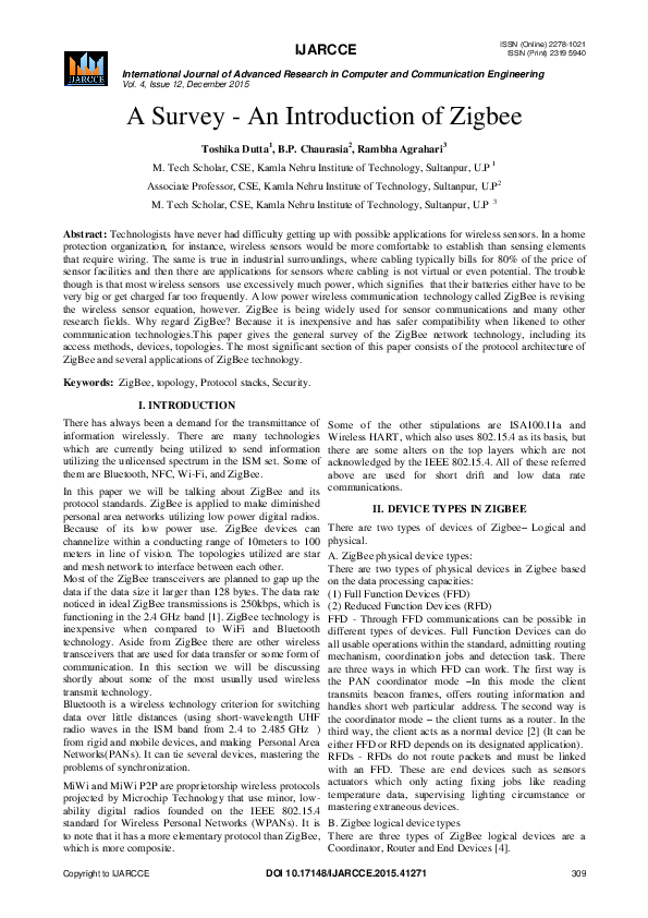 (PDF) A Survey-An Introduction of Zigbee