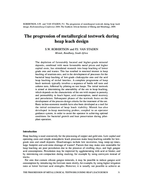 (PDF) The progression of metallurgical testwork during heap leach design