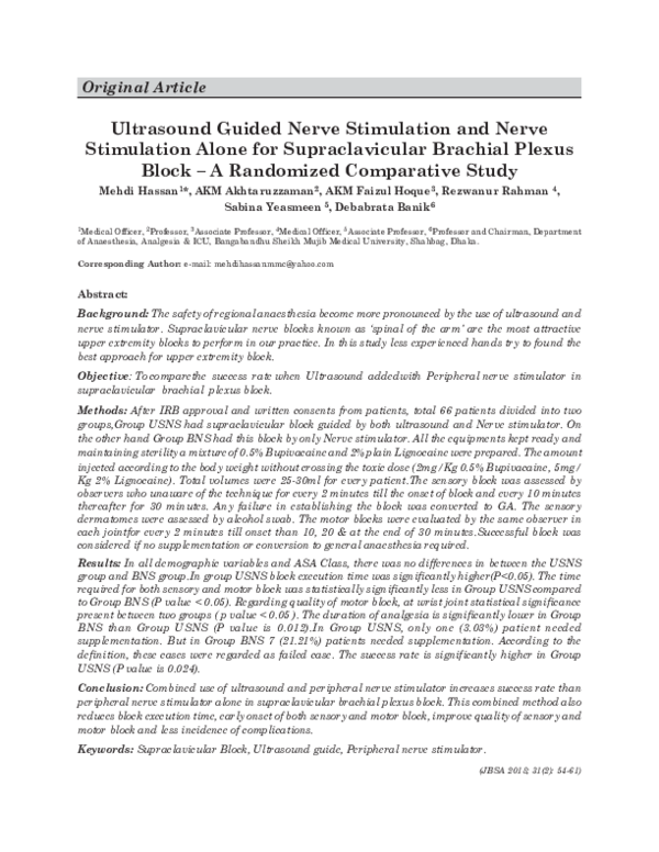 (PDF) Ultrasound Guided Nerve Stimulation and Nerve Stimulation Alone for Supraclavicular ...