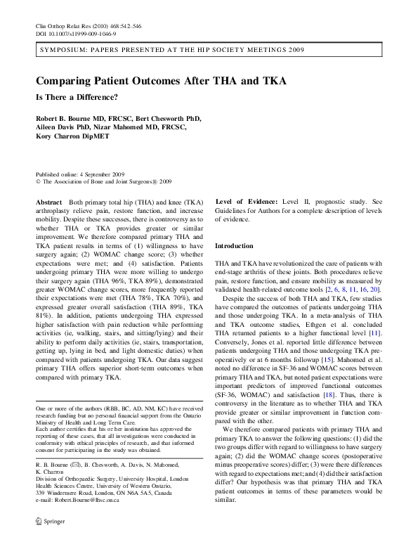 (PDF) Comparing Patient Outcomes After THA and TKA: Is There a Difference?