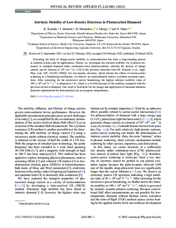 (PDF) Intrinsic Mobility of Low-Density Electrons in Photoexcited Diamond