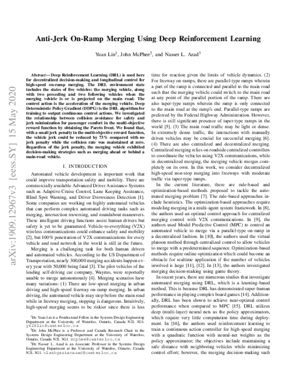 (PDF) Anti-Jerk On-Ramp Merging Using Deep Reinforcement Learning