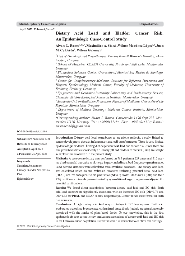 (PDF) Dietary Acid Load and Bladder Cancer Risk: An Epidemiologic Case ...