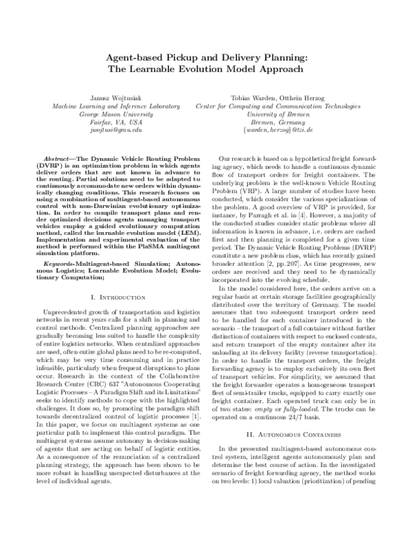 Pdf Agent Based Pickup And Delivery Planning The Learnable Evolution Model Approach