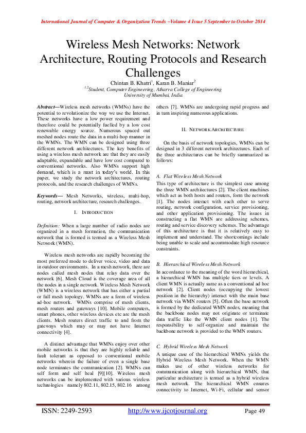 (PDF) Wireless Mesh Networks: Network Architecture, Routing Protocols and Research Challenges