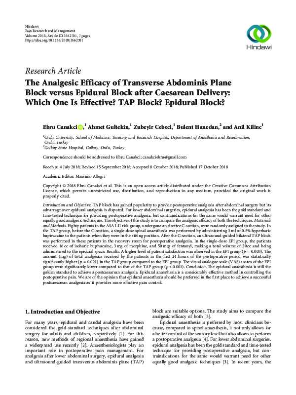 (PDF) The Analgesic Efficacy of Transverse Abdominis Plane Block versus ...