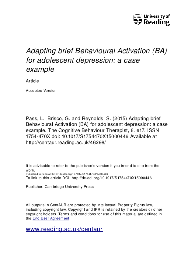 (PDF) Adapting brief Behavioural Activation (BA) for adolescent ...