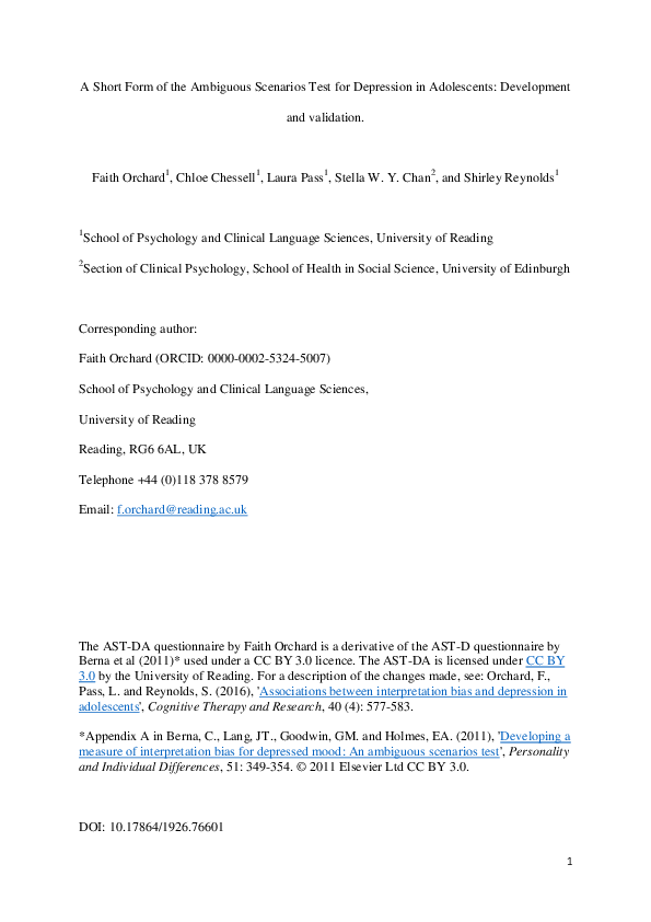 (PDF) A short form of the ambiguous scenarios test for depression in ...