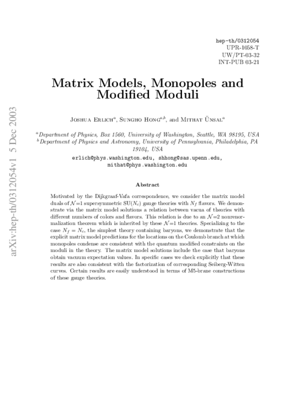 (PDF) Matrix Models, Monopoles and Modified Moduli | Joshua Erlich ...