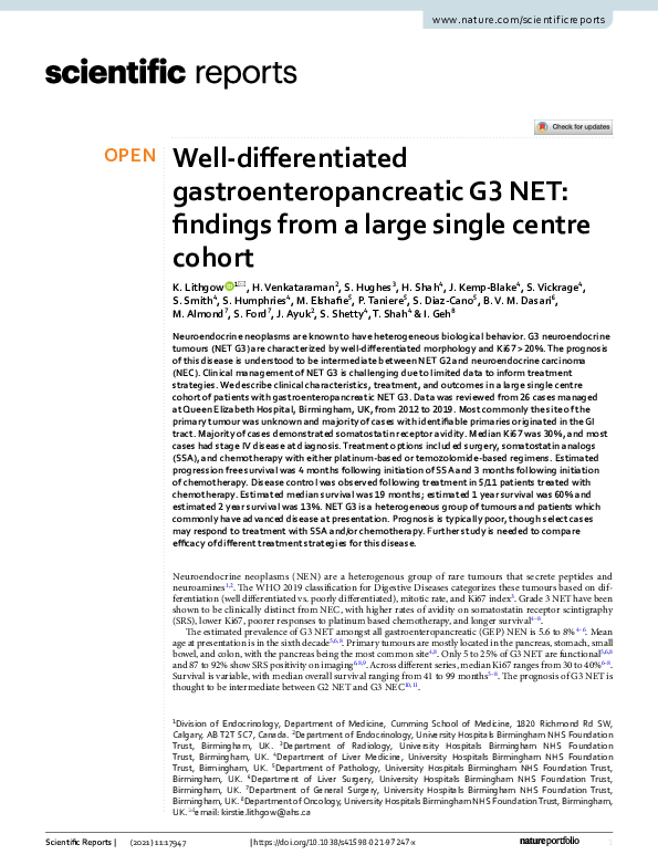 (PDF) Well-differentiated gastroenteropancreatic G3 NET: findings from ...