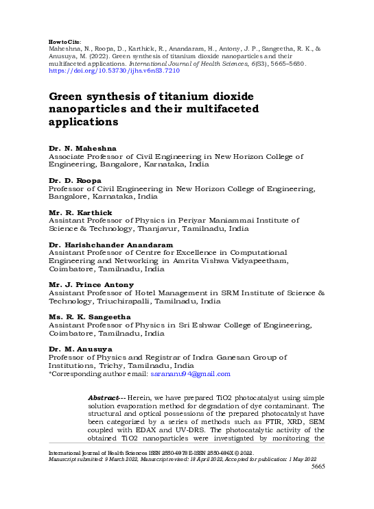 (PDF) Green synthesis of titanium dioxide nanoparticles and their multifaceted applications