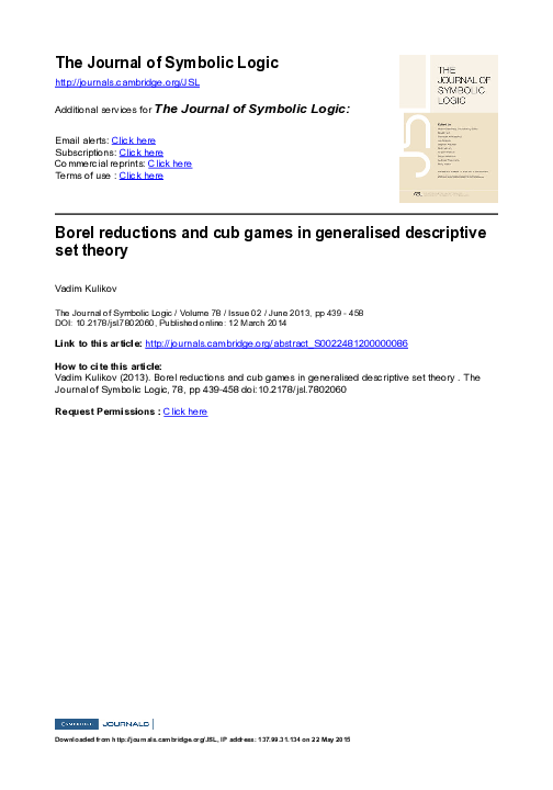 (PDF) Borel reductions and cub games in generalised descriptive set theory | Vadim Weinstein ...