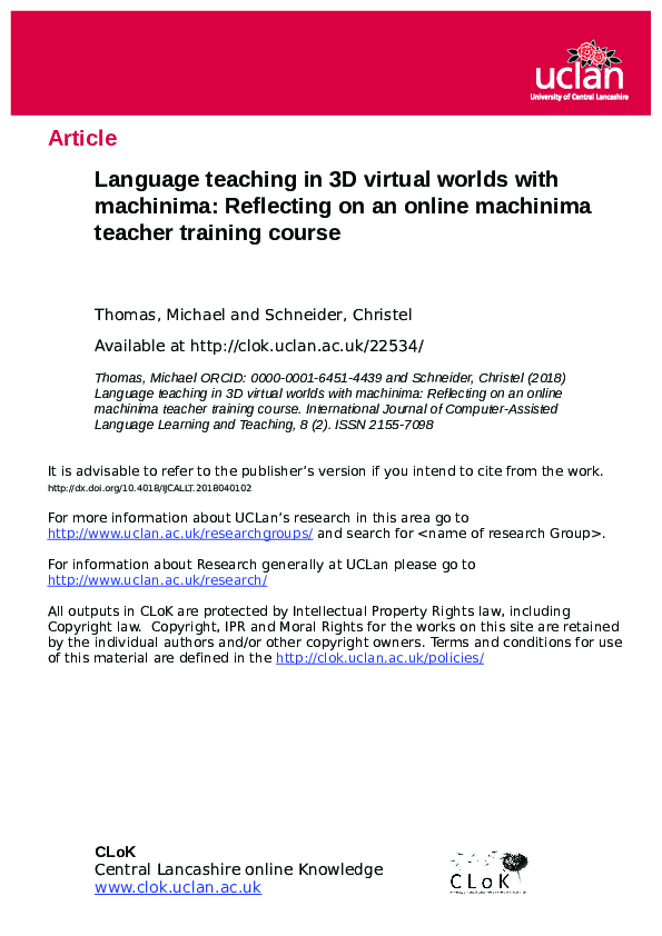 (PDF) Language Teaching in 3D Virtual Worlds with Machinima | Christel Schneider - Academia.edu