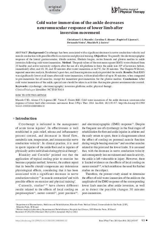 (PDF) Cold water immersion of the ankle decreases neuromuscular ...