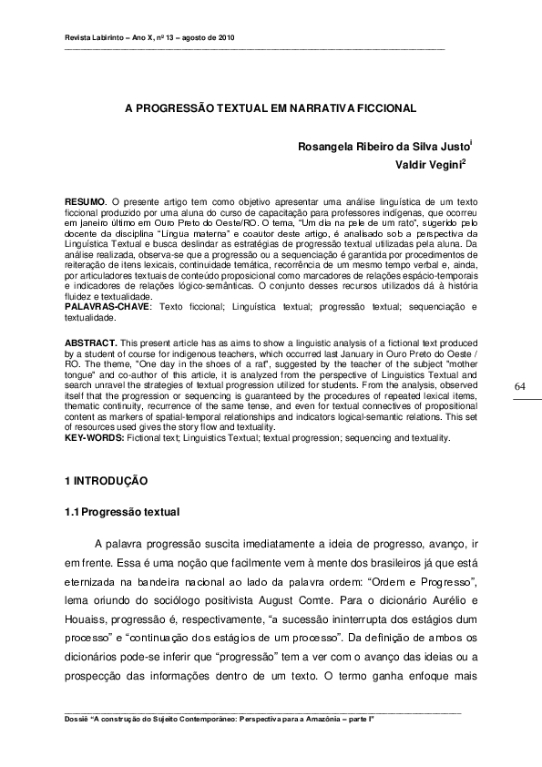 (PDF) A Progressão Textual Em Narrativa Ficcional