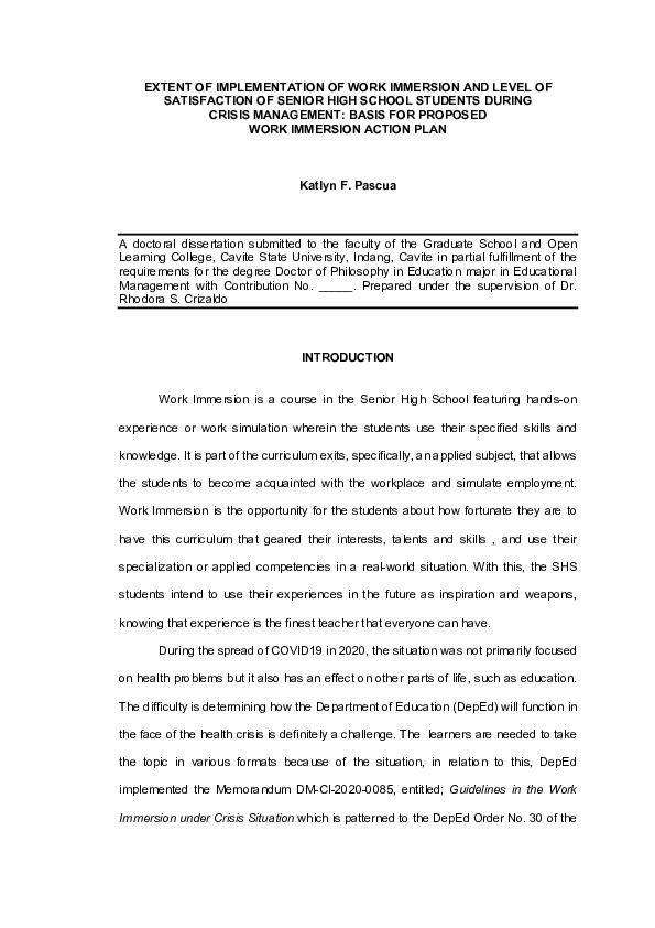 (PDF) EXTENT OF IMPLEMENTATION OF WORK IMMERSION AND LEVEL OF ...