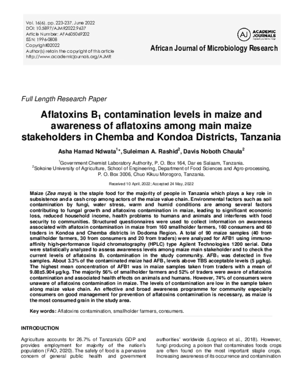 (PDF) Aflatoxins B1 contamination levels in maize and awareness of aflatoxins among main maize ...
