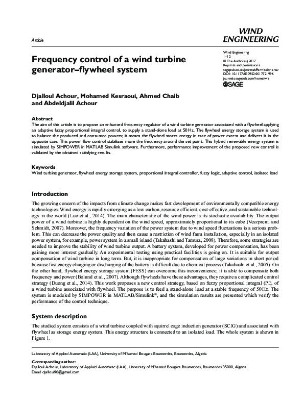 (PDF) Frequency control of a wind turbine generator–flywheel system