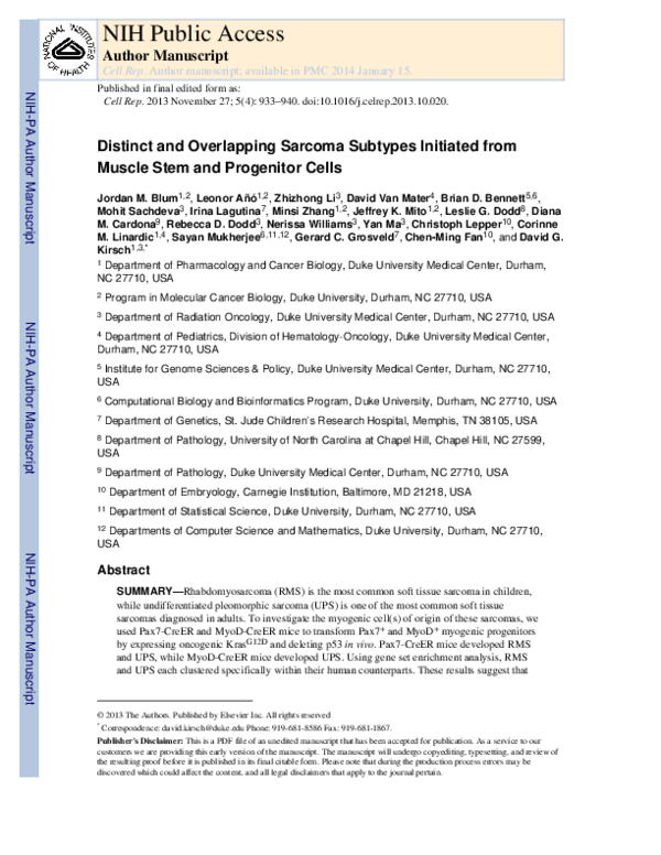 Pdf Distinct And Overlapping Sarcoma Subtypes Initiated From Muscle Stem And Progenitor Cells