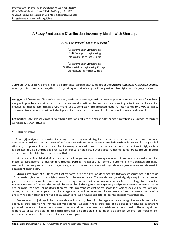 Pdf A Fuzzy Production Distribution Inventory Model With Shortage