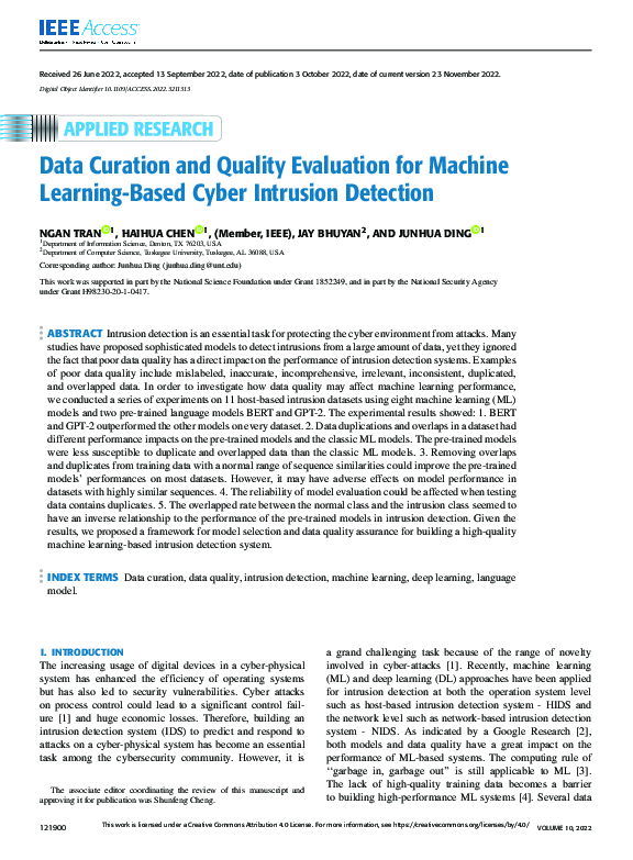 (PDF) Data Curation and Quality Evaluation for Machine Learning-Based Cyber Intrusion Detection