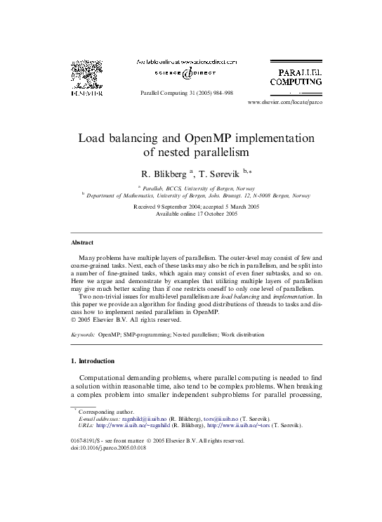 Pdf Load Balancing And Openmp Implementation Of Nested Parallelism Tor Sørevik 0932