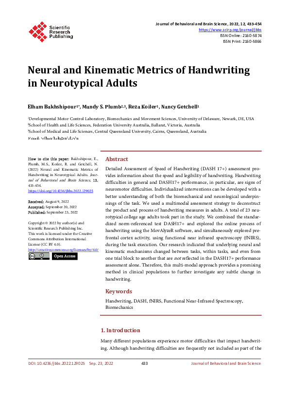 (PDF) Neural and Kinematic Metrics of Handwriting in Neurotypical Adults