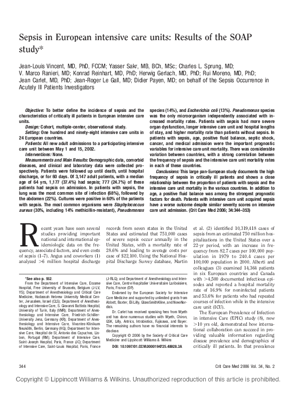 (PDF) Sepsis in European intensive care units: Results of the SOAP study*