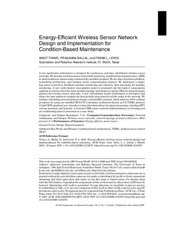(PDF) Energy-Efficient Wireless Sensor Networks for CBM