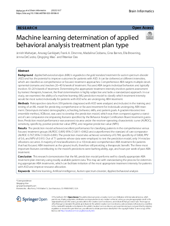 (PDF) Machine learning determination of applied behavioral analysis treatment plan type