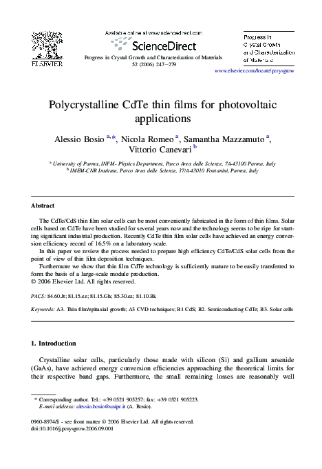 (PDF) Polycrystalline CdTe thin films for photovoltaic applications