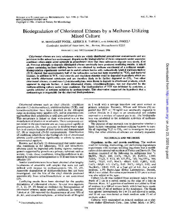 (PDF) Biodegradation of chlorinated ethenes by a methane-utilizing ...