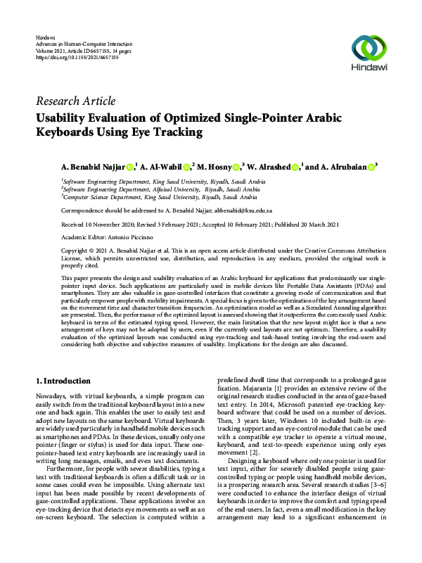(PDF) Usability Evaluation of Optimized Single-Pointer Arabic Keyboards Using Eye Tracking
