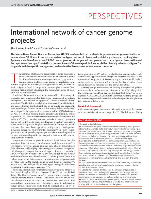 (PDF) International network of cancer genome projects | Alfonso ...
