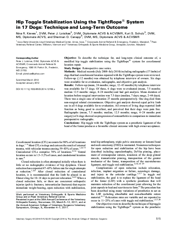 (PDF) Hip Toggle Stabilization Using the TightRope® System in 17 Dogs ...