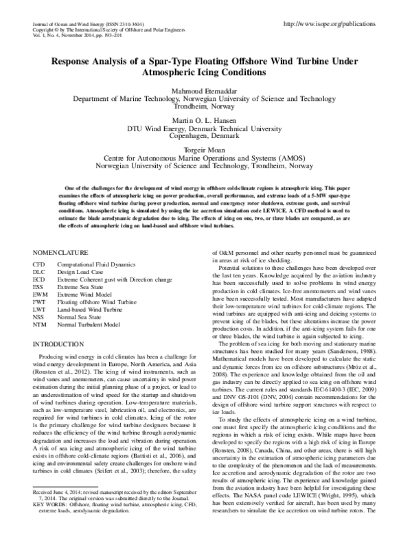 Pdf Response Analysis Of A Spar Type Floating Offshore Wind Turbine Under Atmospheric Icing