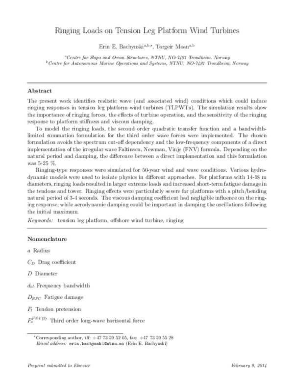 (PDF) Ringing loads on tension leg platform wind turbines | torgeir ...