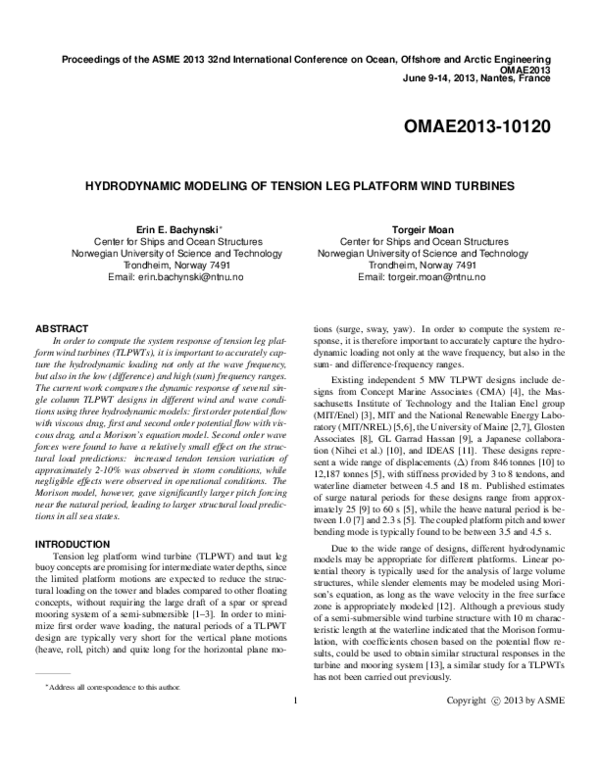 (PDF) Hydrodynamic Modeling of Tension Leg Platform Wind Turbines