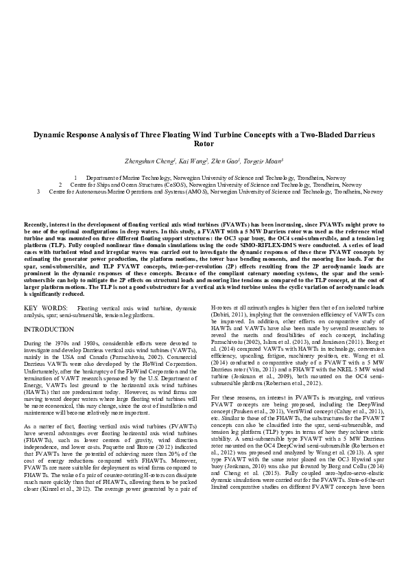 (PDF) Dynamic Response Analysis of Three Floating Wind Turbine Concepts with a Two-Bladed ...