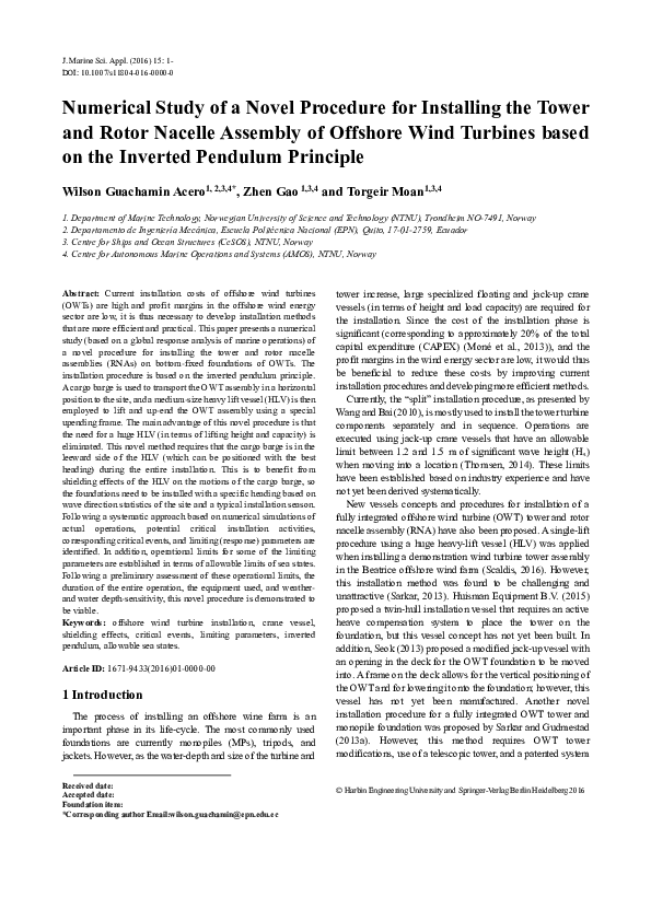 (PDF) Numerical study of a novel procedure for installing the tower and Rotor Nacelle Assembly ...