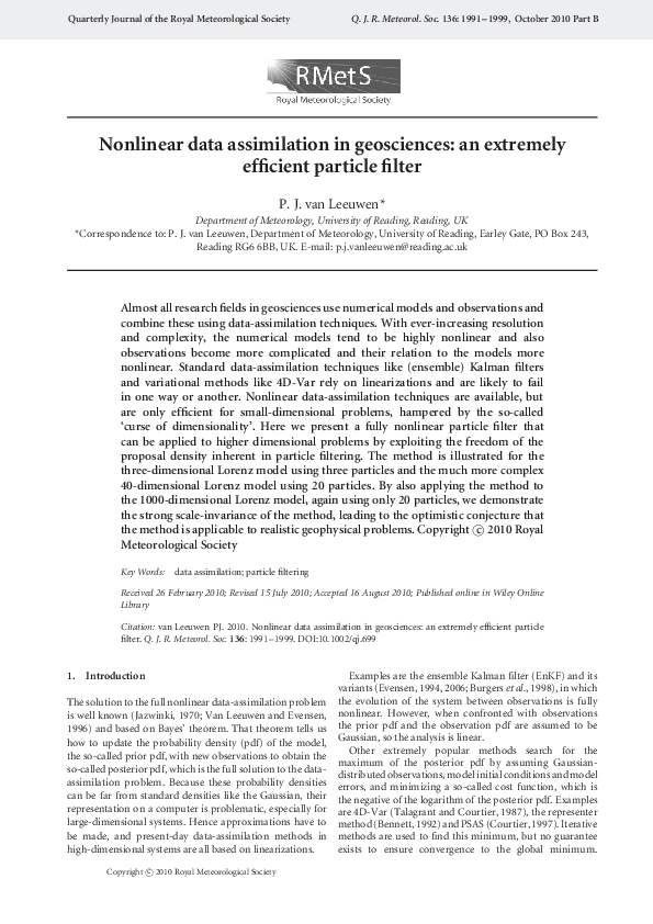 (PDF) Nonlinear data assimilation in geosciences: an extremely ...