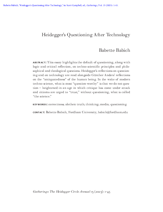 (PDF) Heidegger's Questioning After Technology