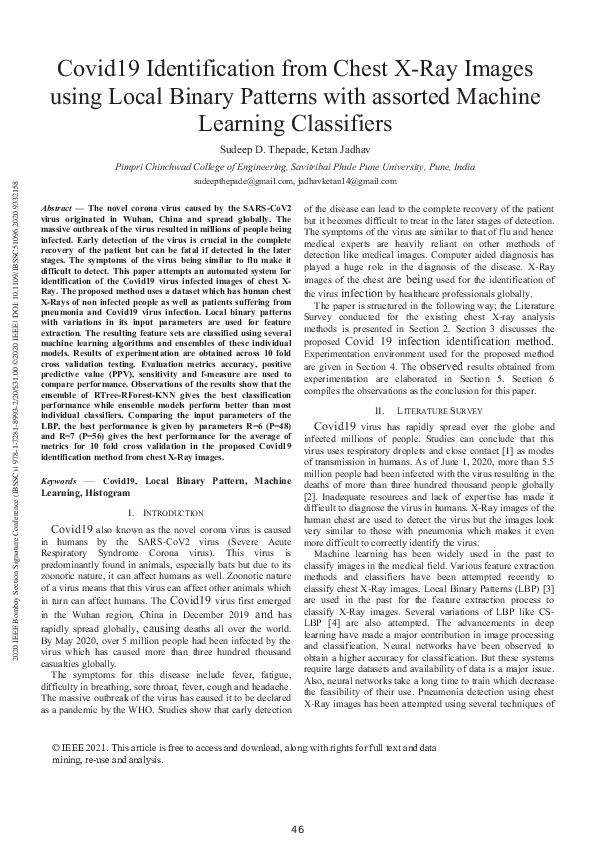 (PDF) Covid19 Identification from Chest X-Ray Images using Local Binary ...