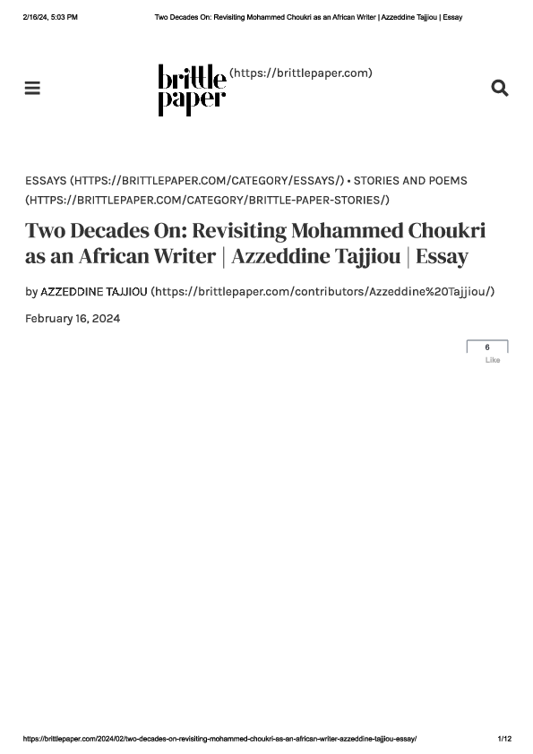 (PDF) Two Decades On: Revisiting Mohammed Choukri as an African Writer ...